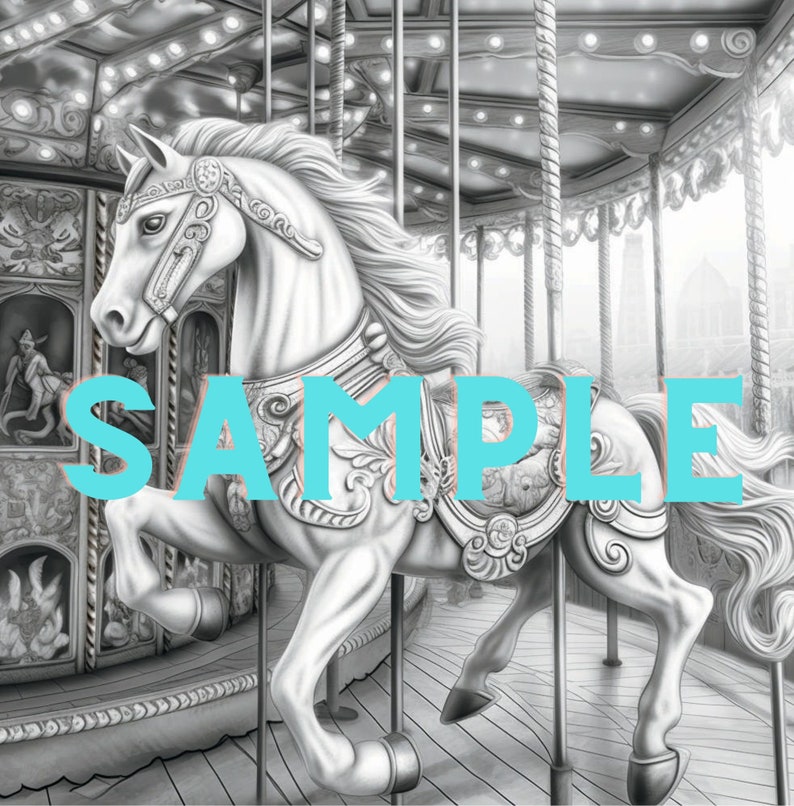 CAROUSEL HORSES - 50 Grayscale Coloring Pages - Etsy