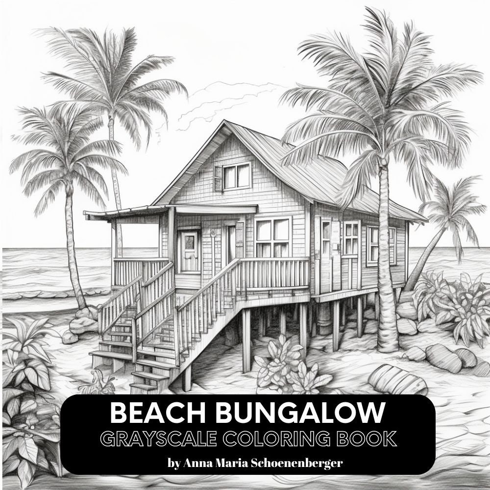 BEACH BUNGALOW - 50 Grayscale Coloring Pages - Etsy