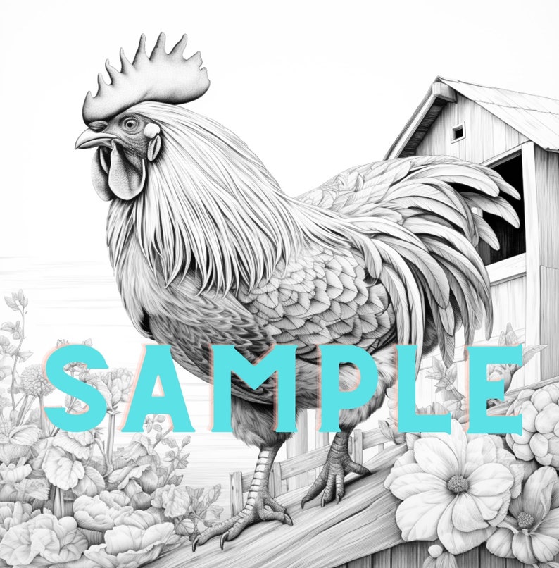BARNYARD ROOSTERS- 50 Grayscale Coloring Pages - Etsy