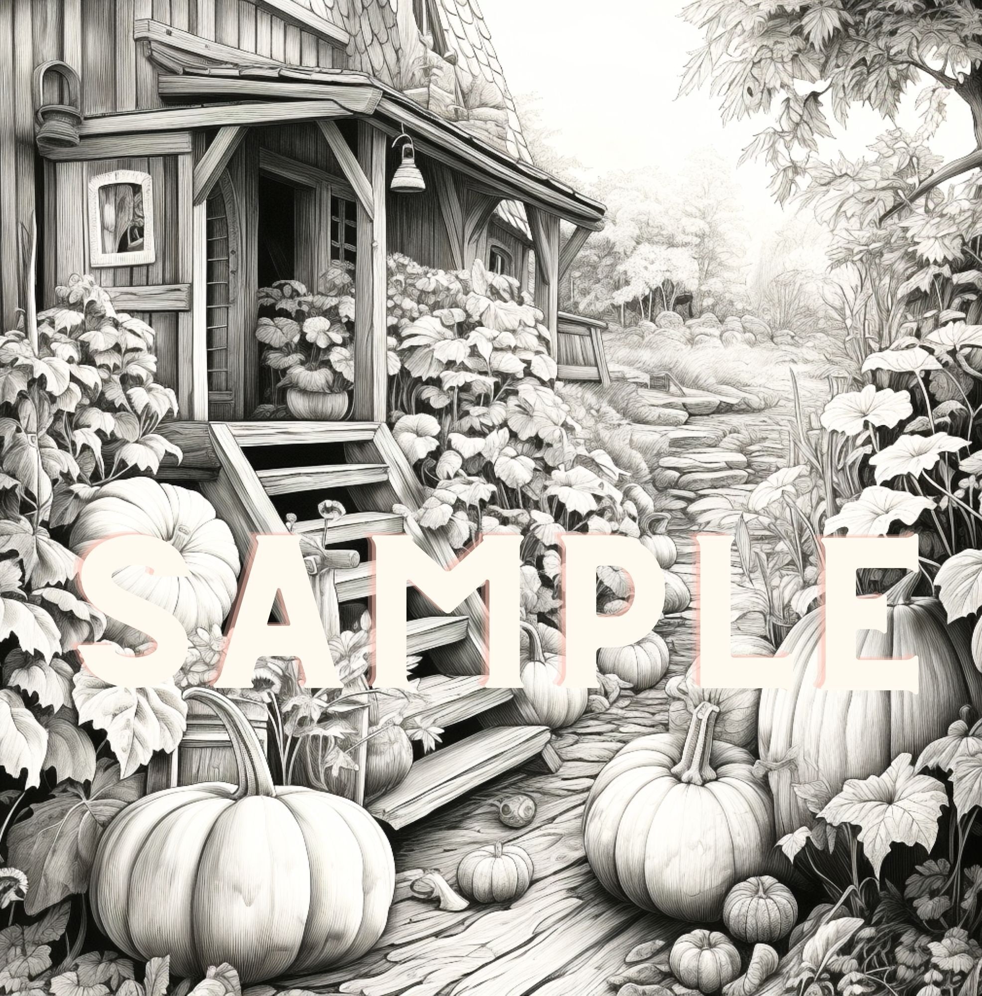 A Cabin in the Pumpkin Patch - 50 Grayscale Coloring Pages - Etsy