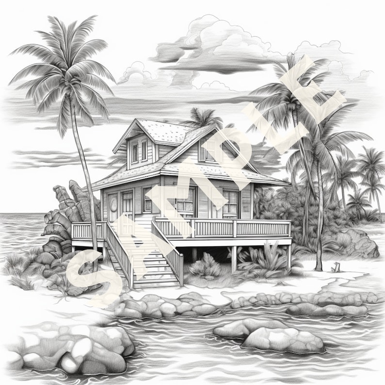 BEACH BUNGALOW - 50 Grayscale Coloring Pages - Etsy