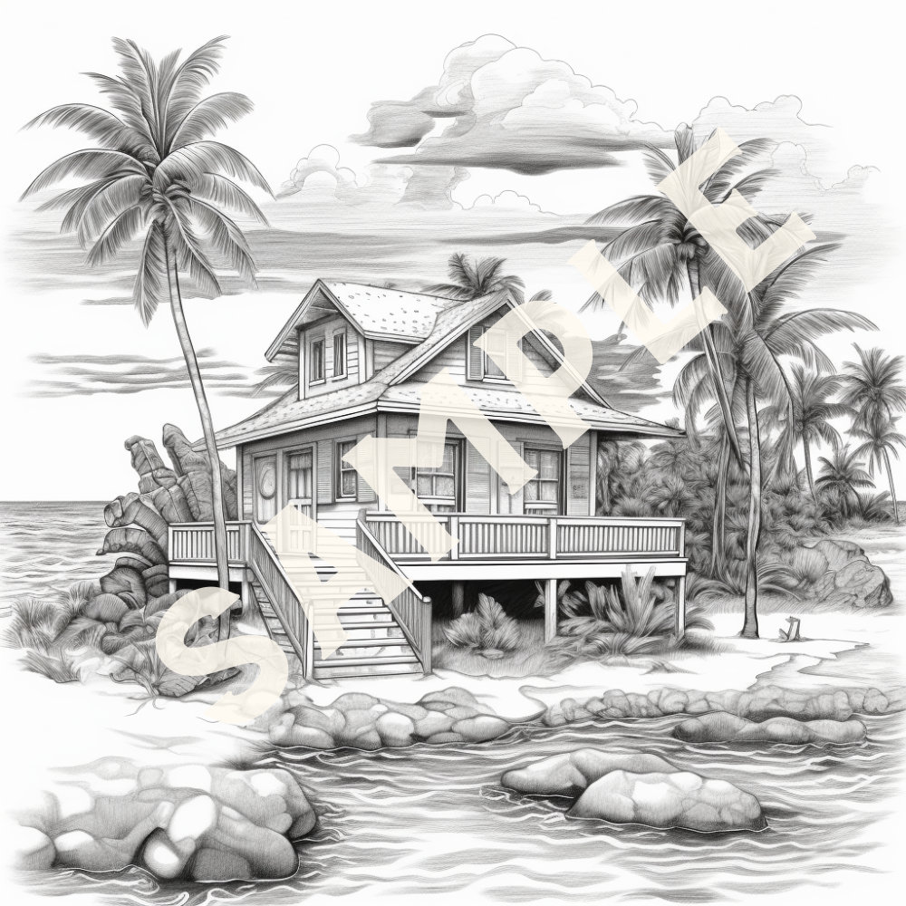 BEACH BUNGALOW - 50 Grayscale Coloring Pages - Etsy