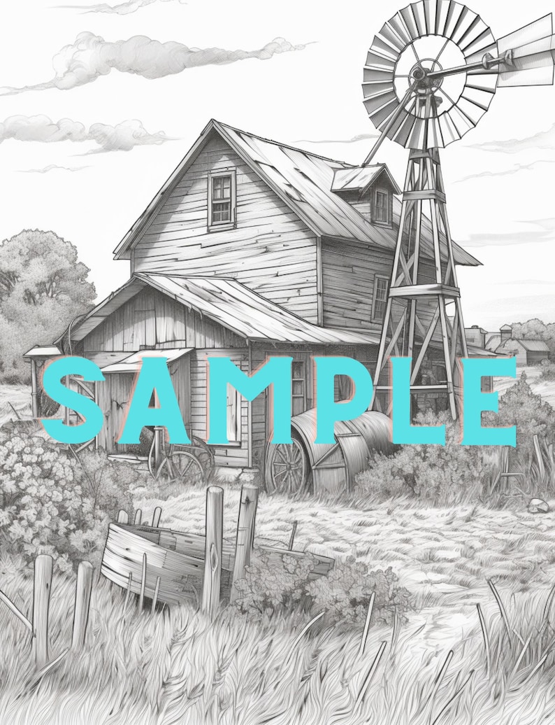 Barns on the Farm - 50 AI Grayscale Coloring Pages - Etsy UK