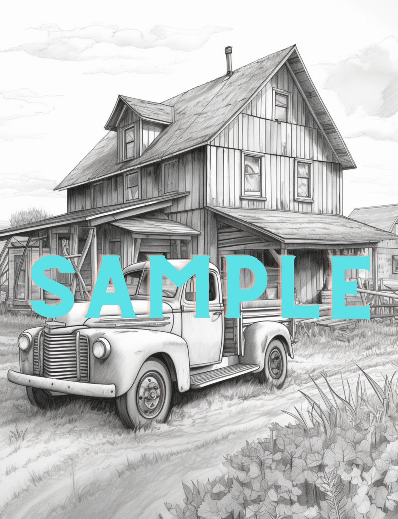 Barns on the Farm - 50 AI Grayscale Coloring Pages - Etsy