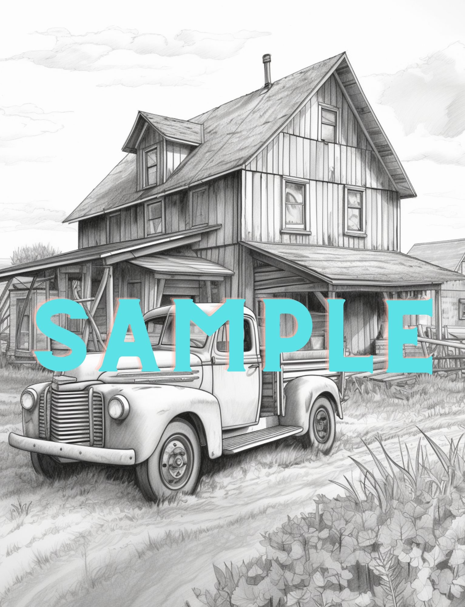 Barns on the Farm - 50 AI Grayscale Coloring Pages - Etsy