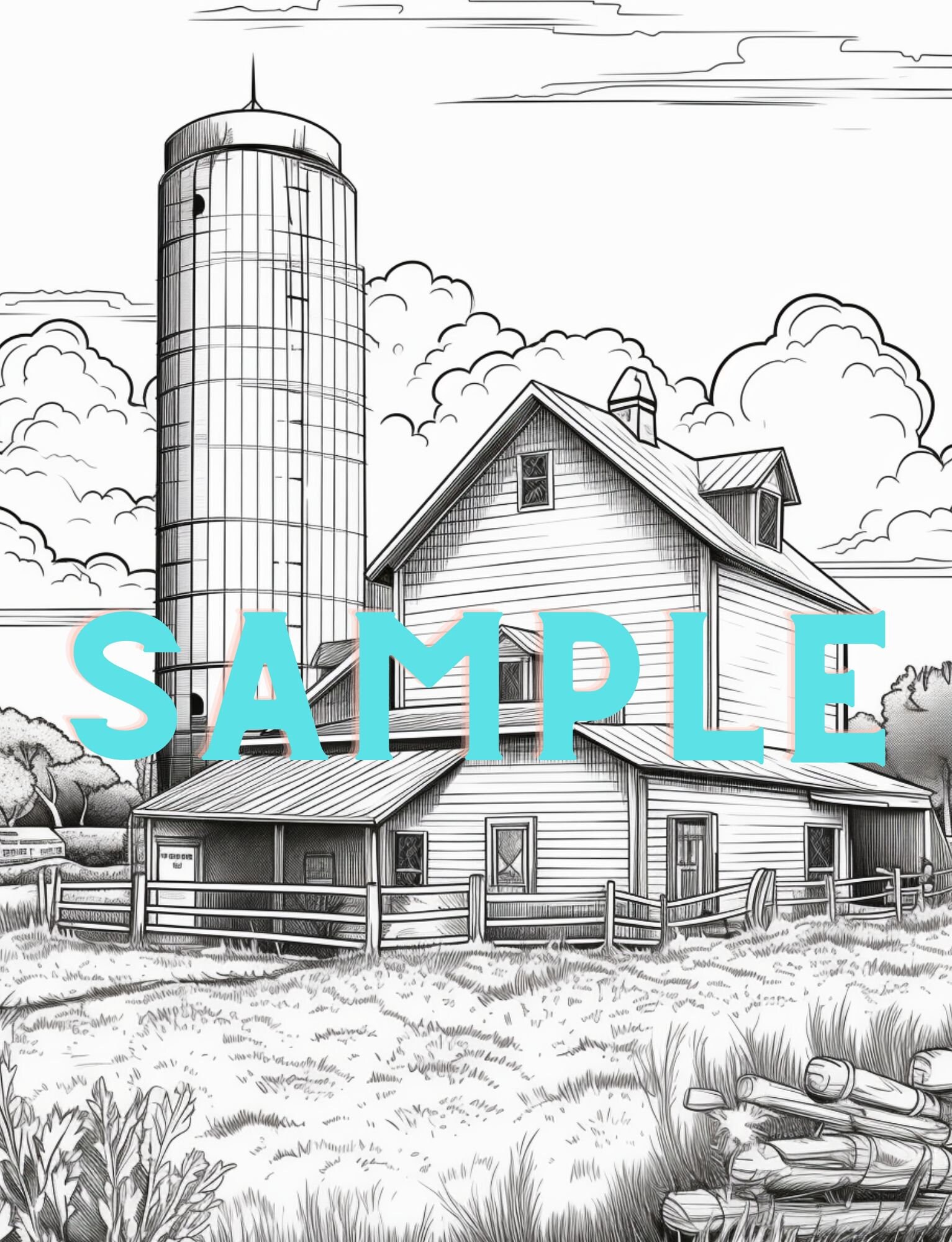 Barns on the Farm 50 AI Grayscale Coloring Pages - Etsy
