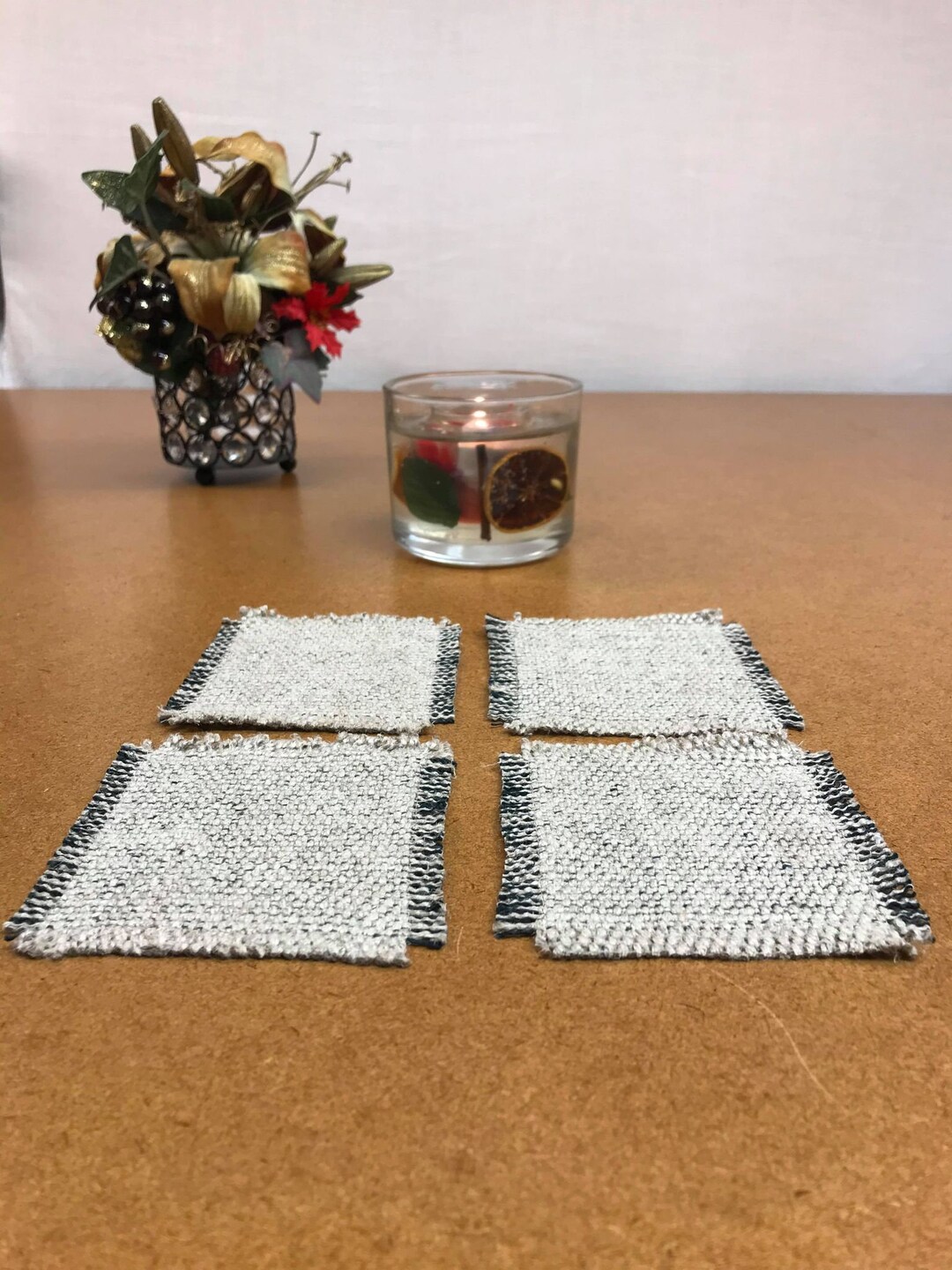 Fringed Coasters Fabric Cloth Coasters Grey Ivory Housewarming Party ...