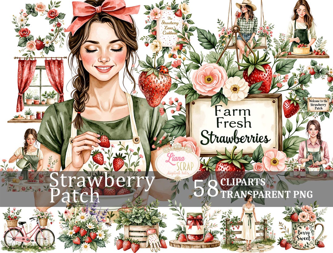 Strawberry Patch 58 Digital Clipart, Strawberry Girl, Farmhouse PNG ...