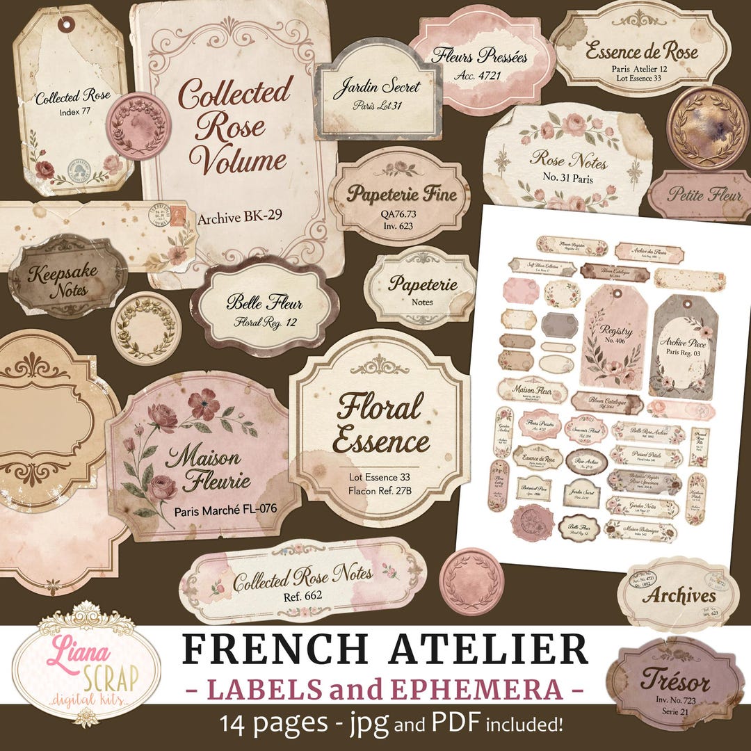 French Atelier Labels and Ephemera, Vintage Floral Junk Journal Kit ...