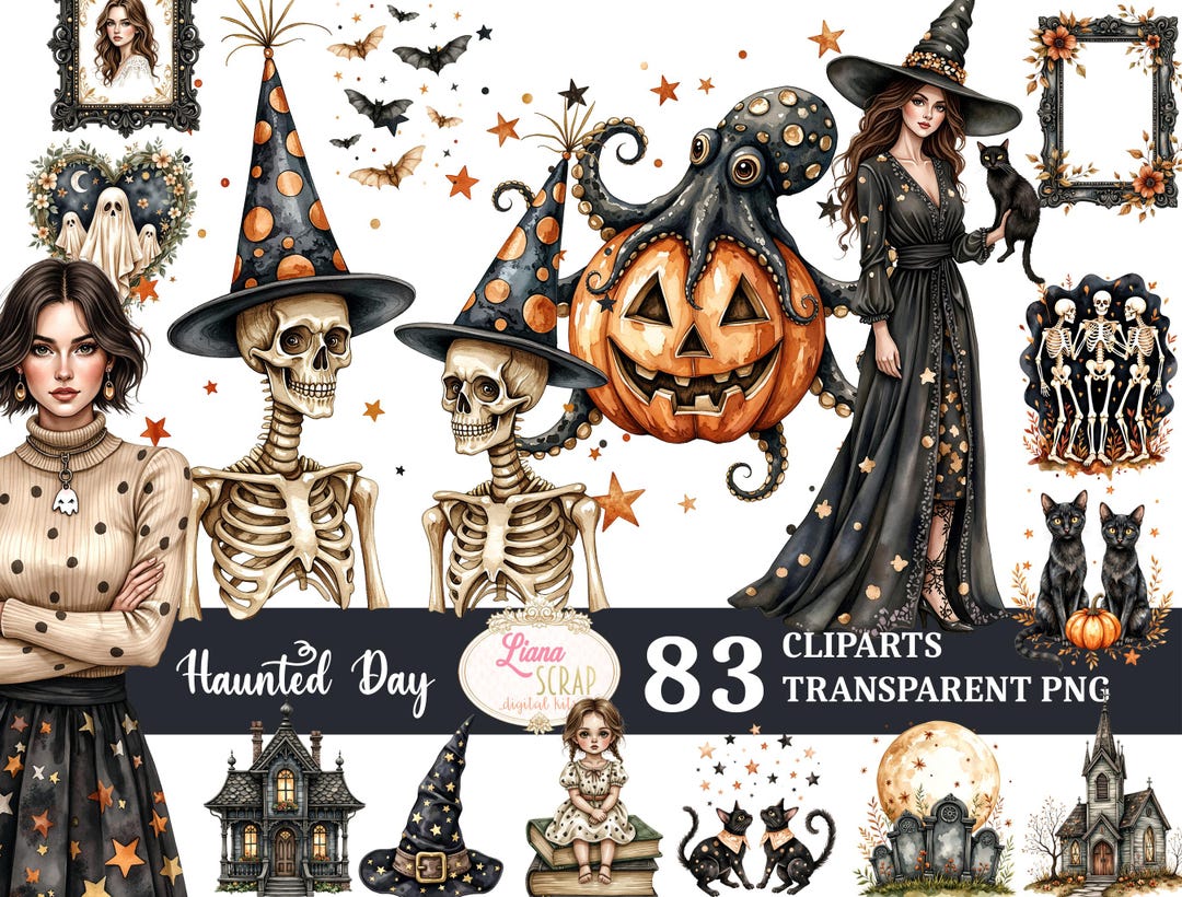 Halloween Clipart Set – Spooky Witch, Ghost & Haunted House (PNG) - Etsy