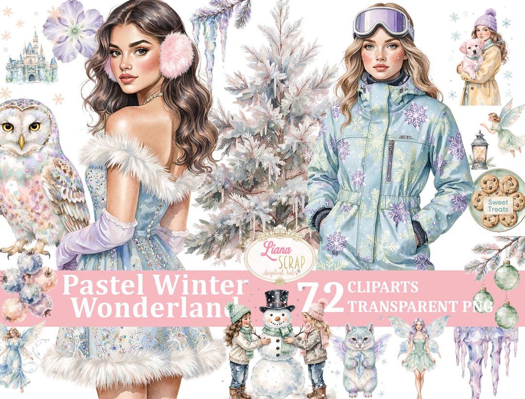 Pastel Winter Wonderland 72 Clipart Set - Watercolor Snowflakes, Girls ...
