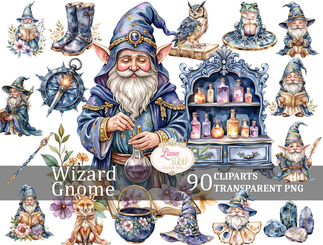 Wizard Gnome 90 Digital Clipart Set Transparent PNG Wizard Gnomes ...