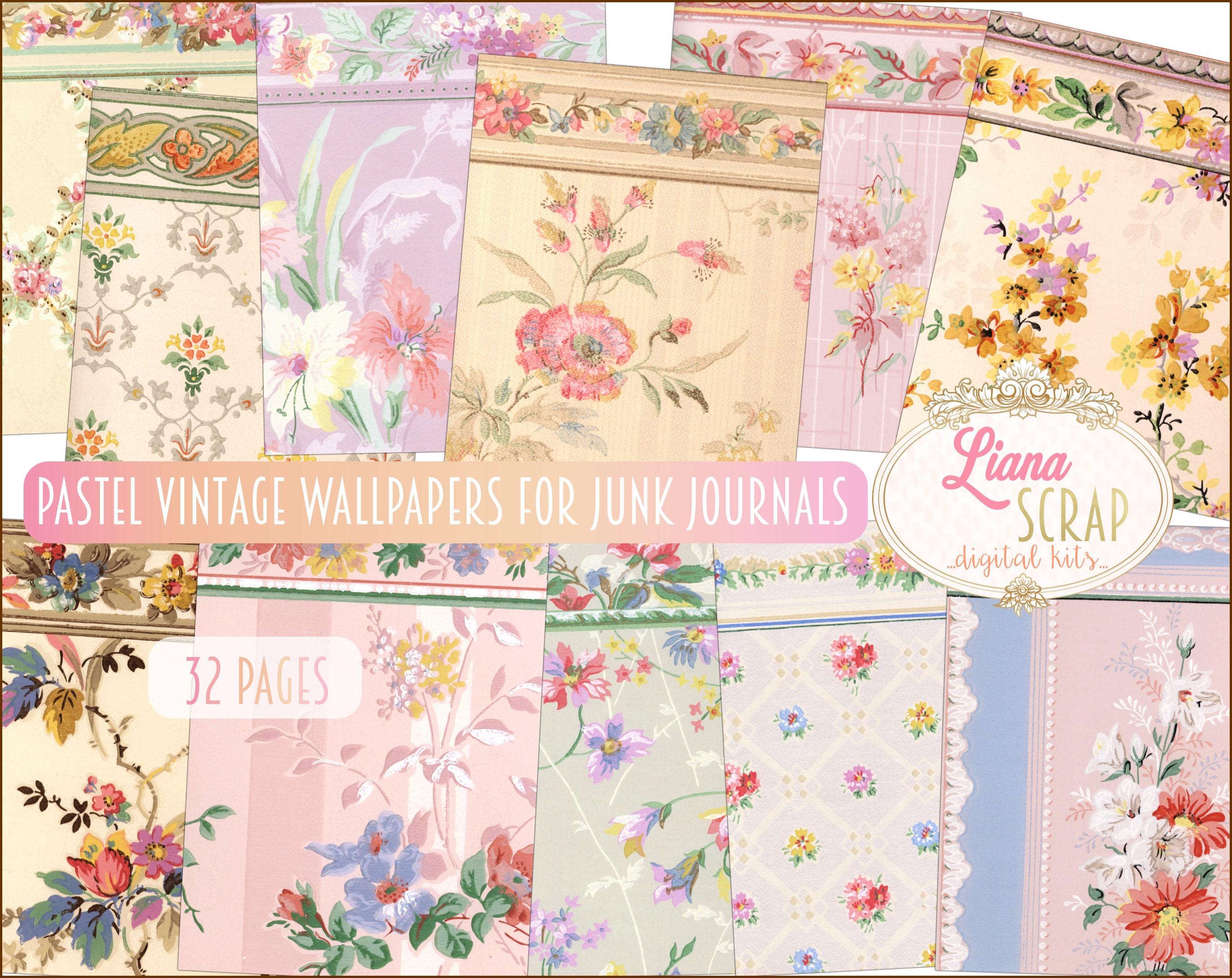 Pastel Vintage Wallpapers Digital Paper 32 Printable Sheets - Etsy