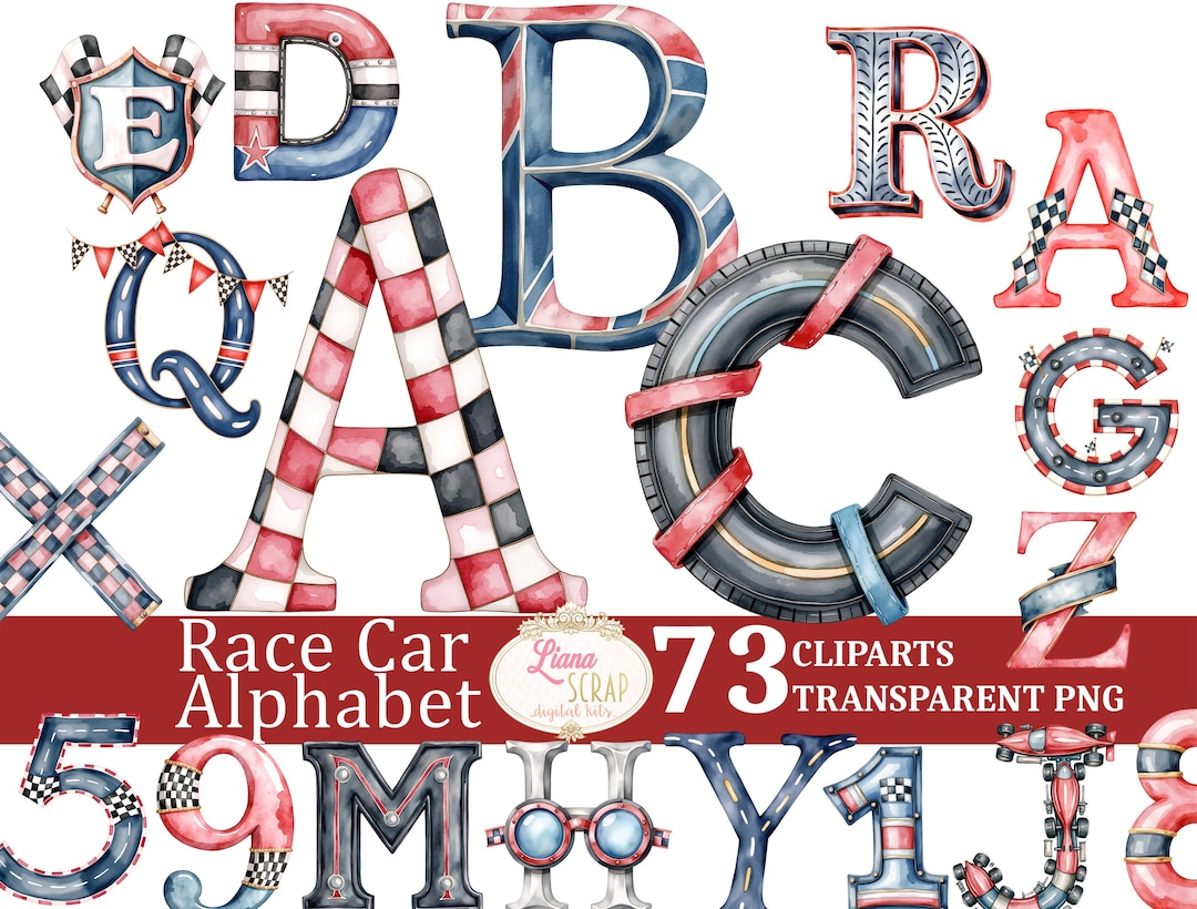 Race Car Alphabet 73 Clipart Bundle - Watercolor Letters Numbers ...