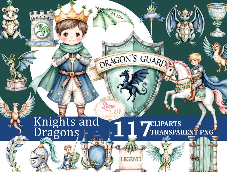 Knights and Dragons Clipart – Watercolor Medieval Fantasy Images (PNG ...