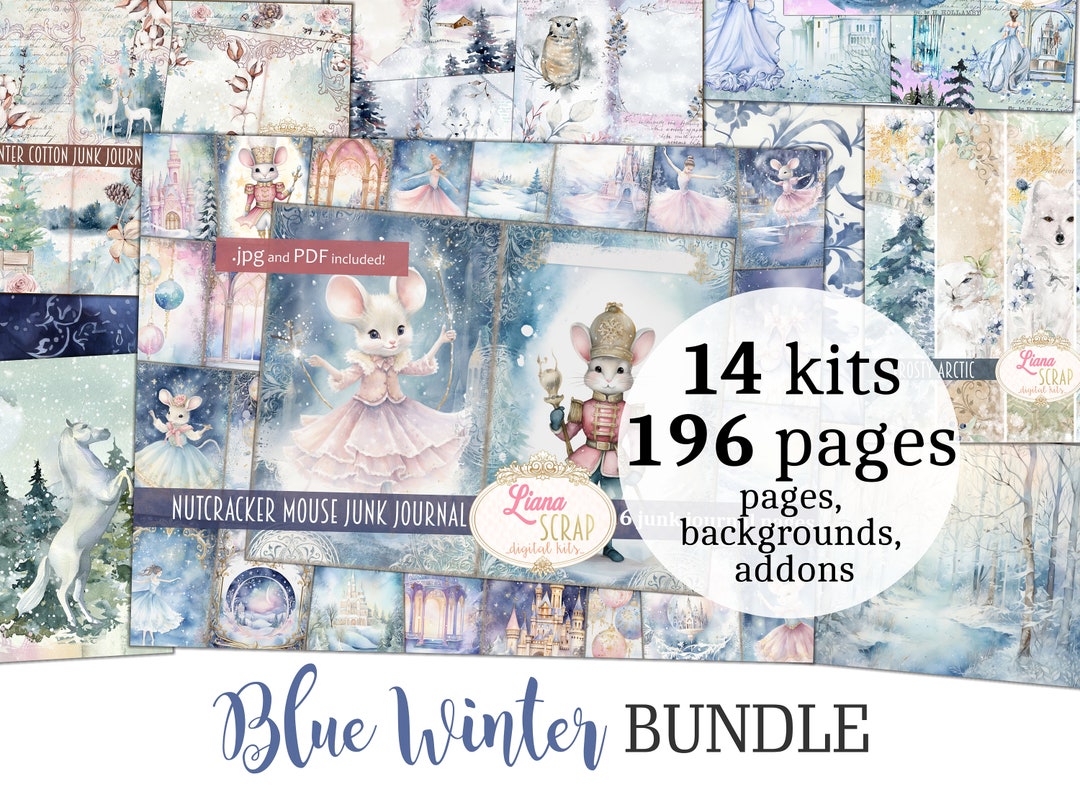 Blue Winter Junk Journal BUNDLE - 14 Kits, Whimsical Winter Collage ...