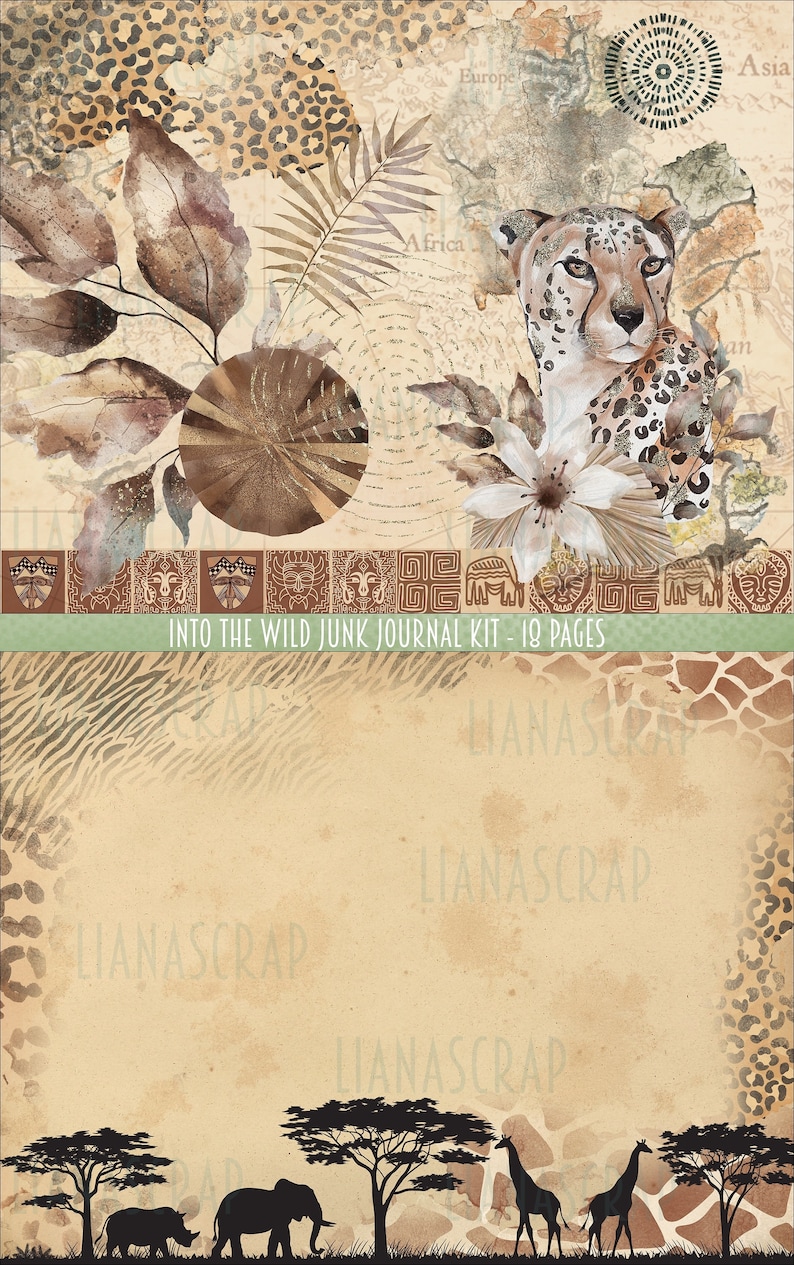 Savannah Junk Journal Kit, Safari Animals, Tropical Motifs (digital ...