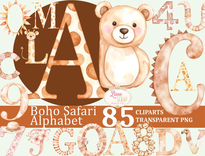 Boho Safari Watercolor Alphabet Clipart – Animals & Numbers (PNG) - Etsy