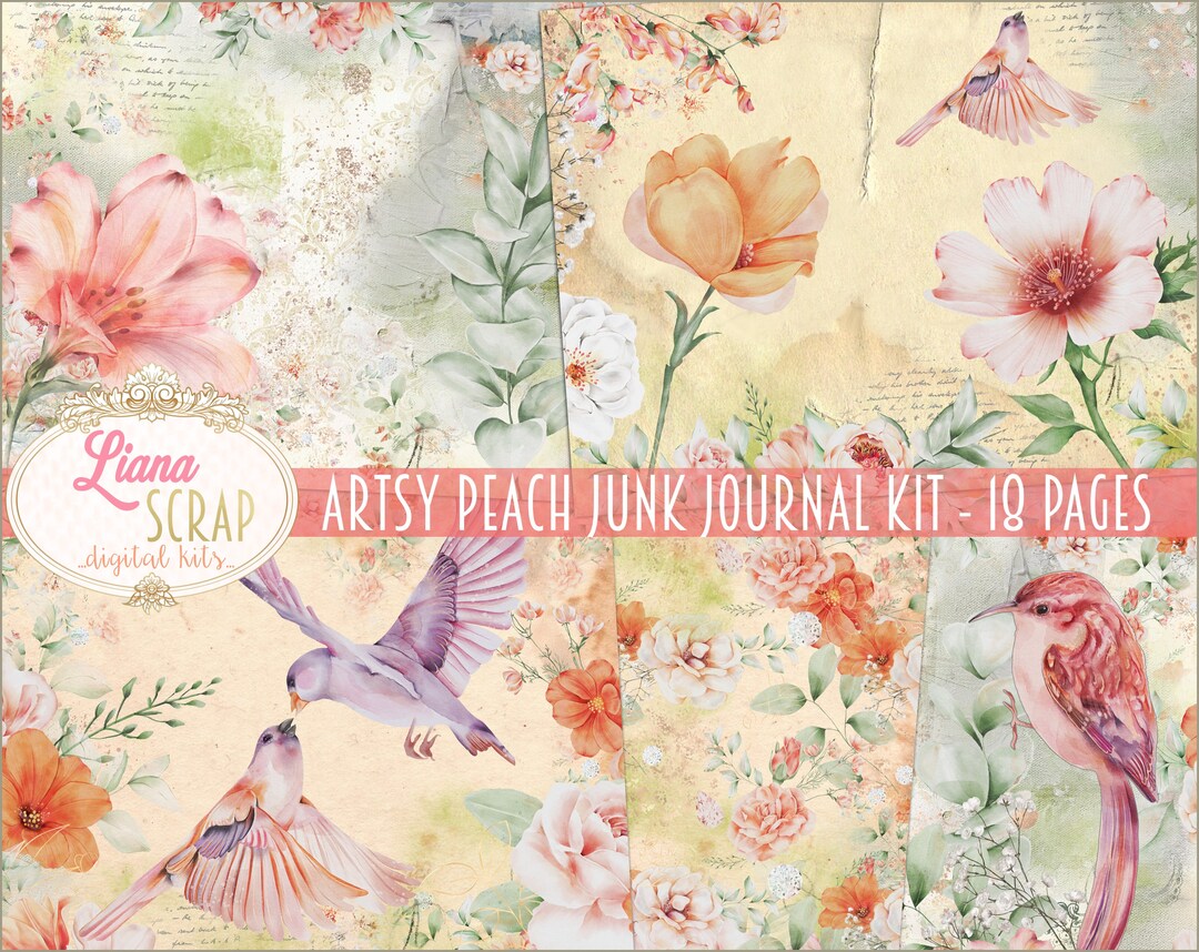 Artsy Peach Junk Journal Digital Kit Printable, Flowers and Birds ...