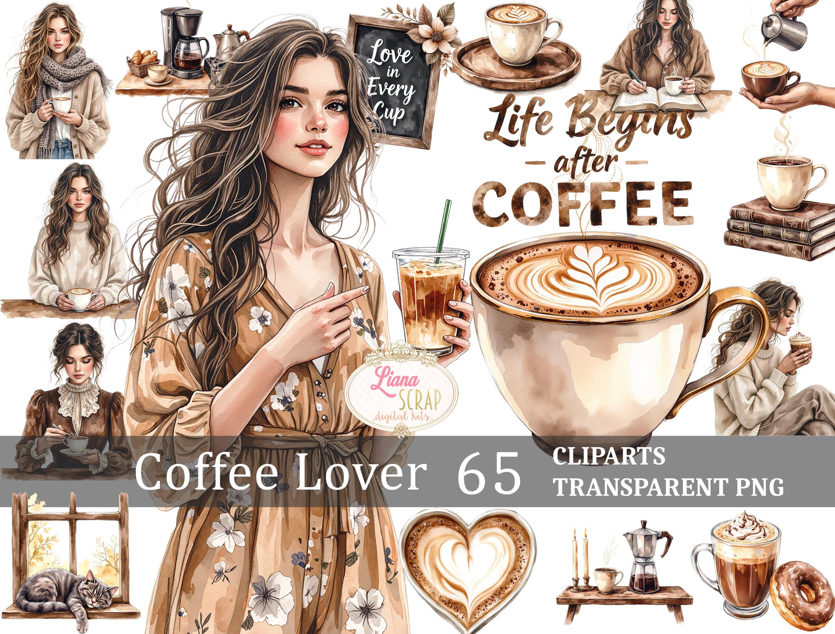 Coffee Lover Clipart Set Watercolor Coffee Girls Cafe Art Digital ...