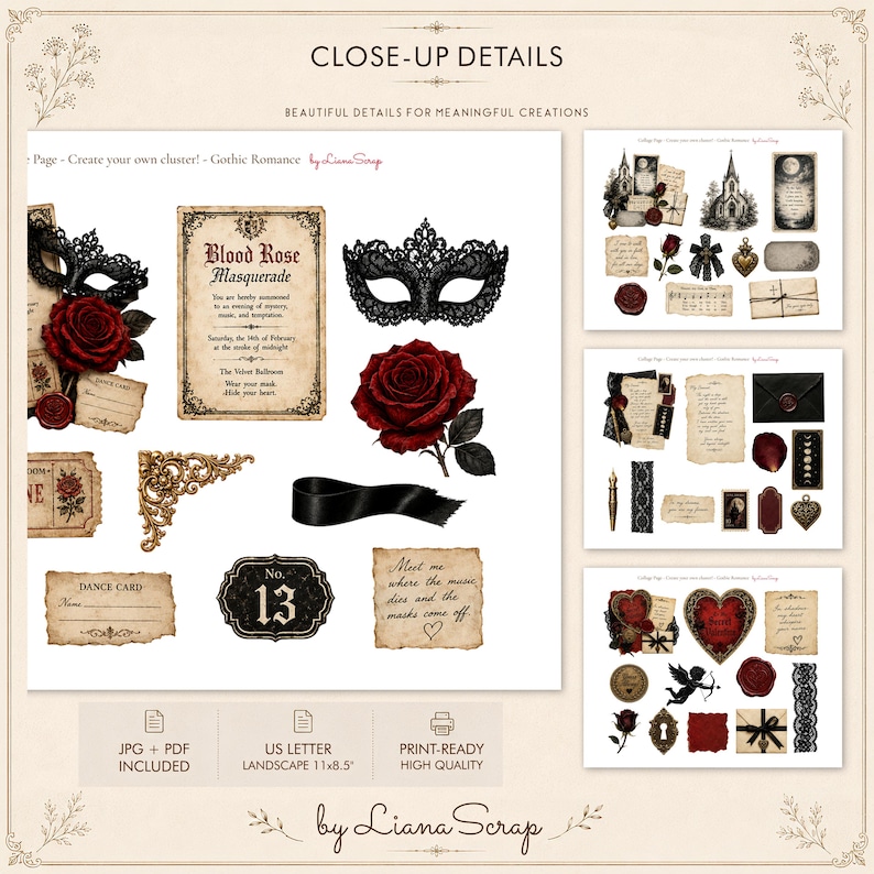 Printable Junk Journal Clusters, 12 Gothic Romance Ephemera Cluster ...