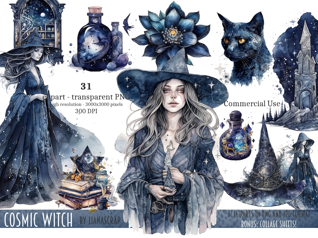 Cosmic Witch Clipart PNG Set, 31 clipart de bruxa, clip art de uso comercial, arte em aquarela ...