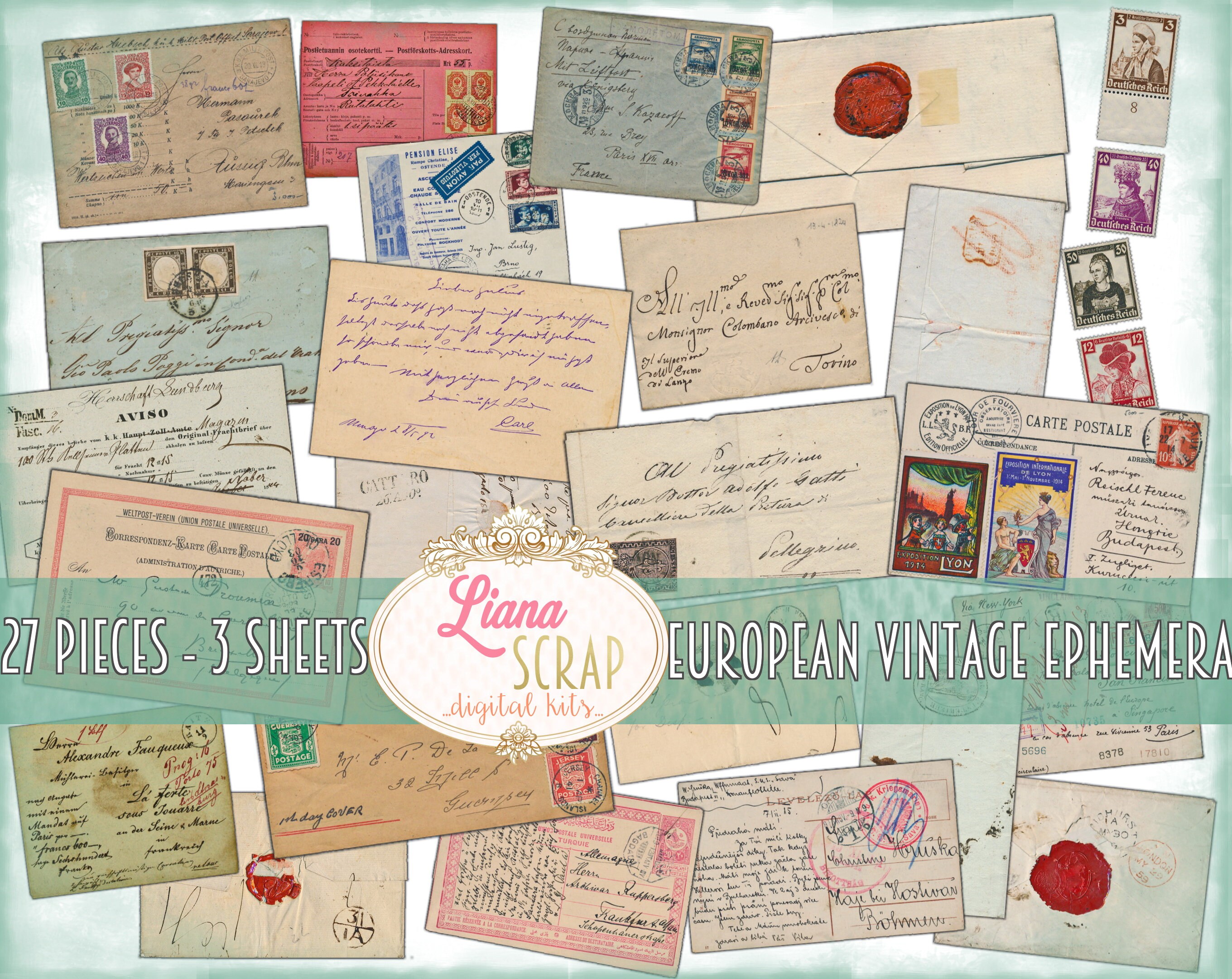 Vintage Ephemera Printables Digital Post Cards Envelopes and | Etsy