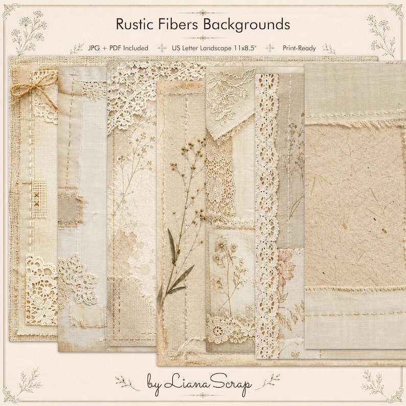 Rustic Fibers Junk Journal Background Papers, 16 Printable Sheets With ...