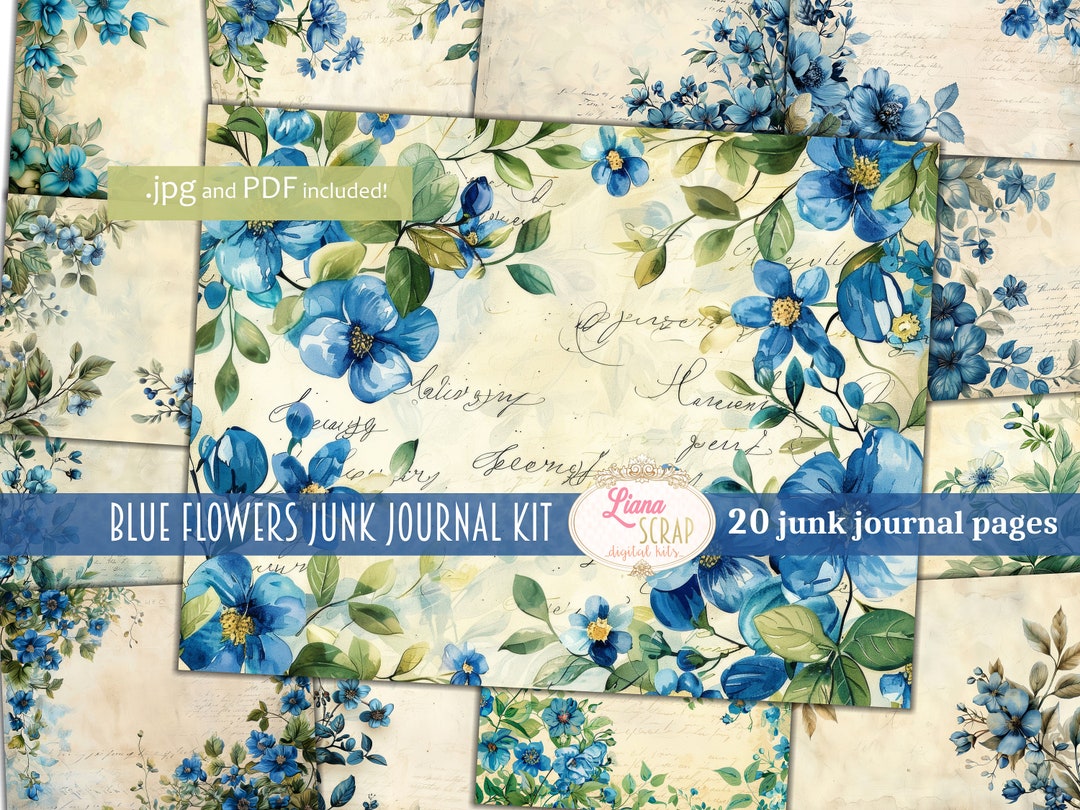 Blue Flowers Vintage Paper, Digital Junk Journal Background, Junk ...