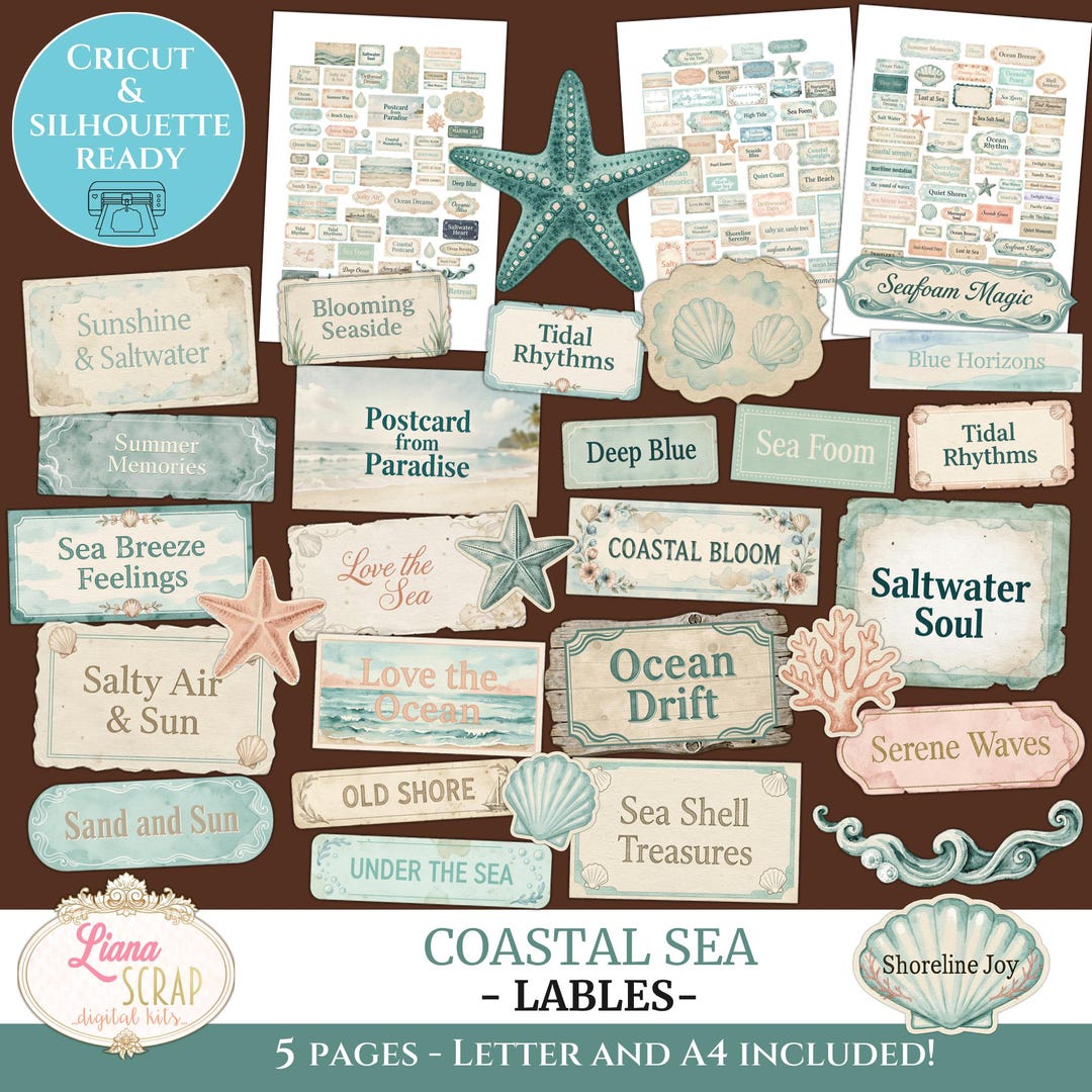 Coastal Sea Printable Labels, Vintage Beach Journal Labels, Ocean ...