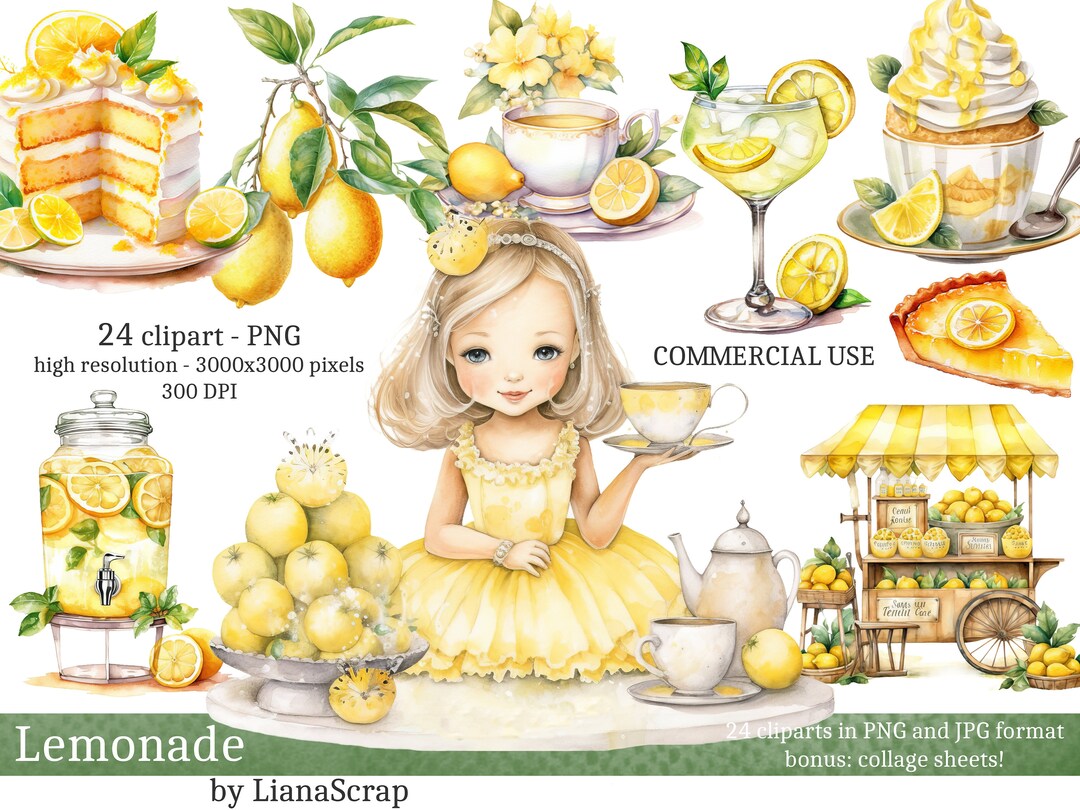 Lemonade Clipart PNG Set, 24 Lemon Clipart, Commercial Use Clip Art ...