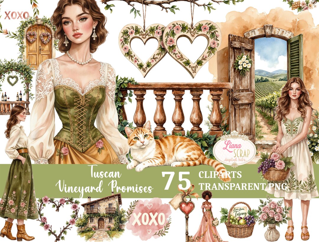 Tuscan Vineyard Promises - 75 Watercolor Clipart Set, Digital Paper ...