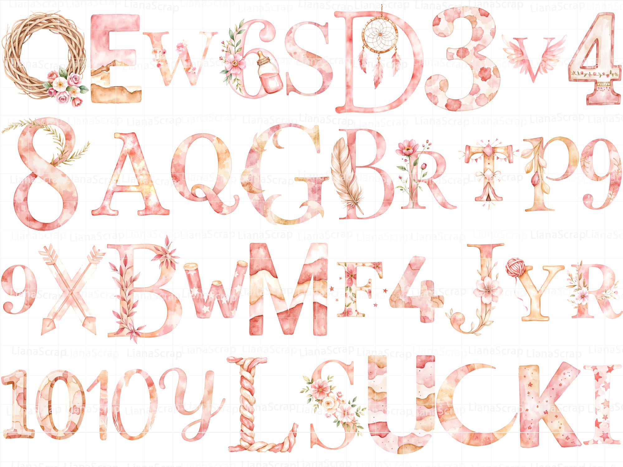 Boho Floral Alphabet Clipart Set – Watercolor Letters & Numbers (PNG ...