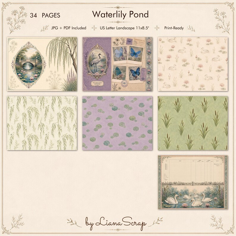 Waterlily Pond Botanical Backgrounds, Printable Junk Journal Pages, 34 ...