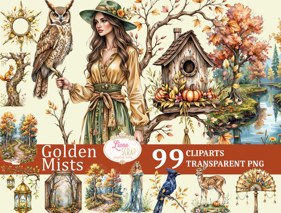 Golden Mists 99 Clipart Set - Watercolor Forest Graphics, Digital ...