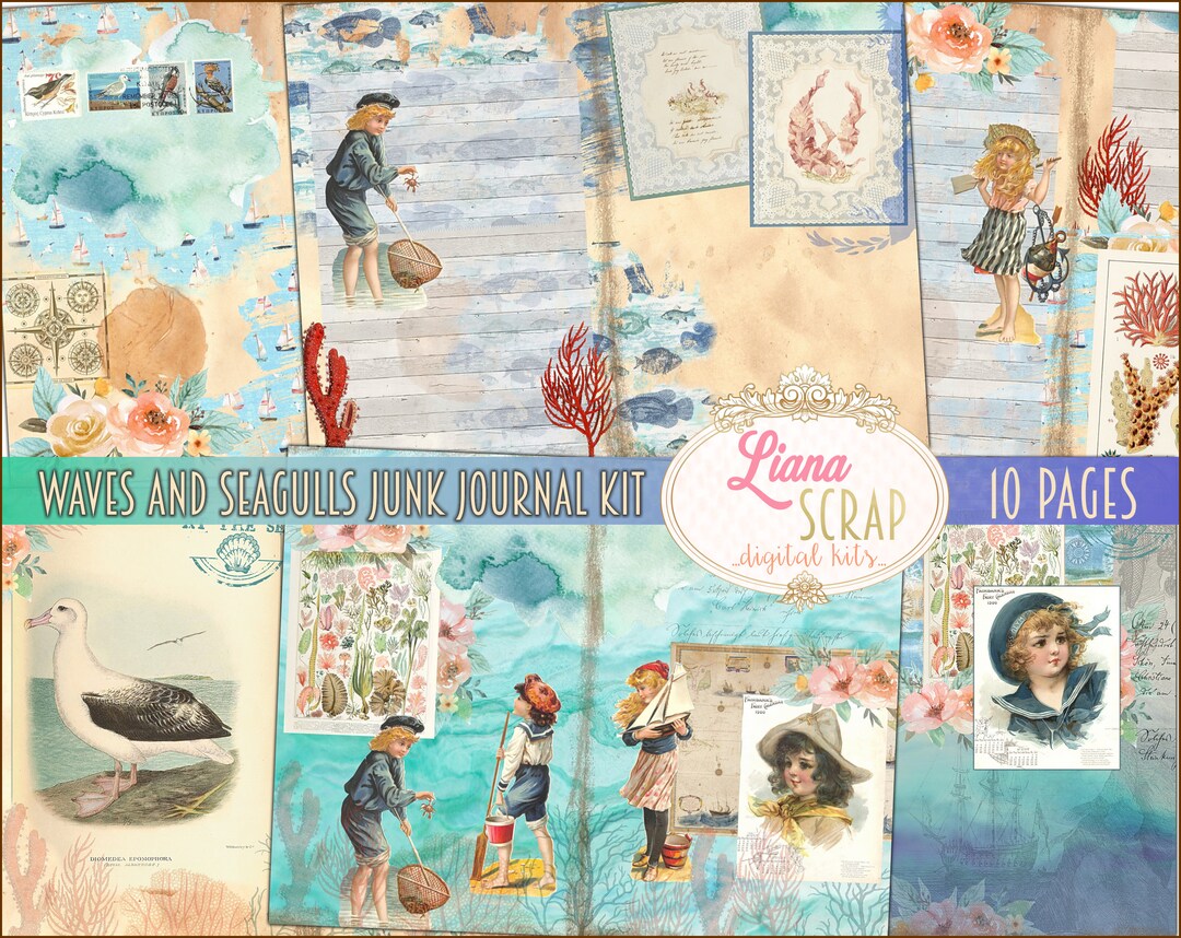 Waves and Seagulls Junk Journal Kit, Digital Ocean and Sea Printables ...