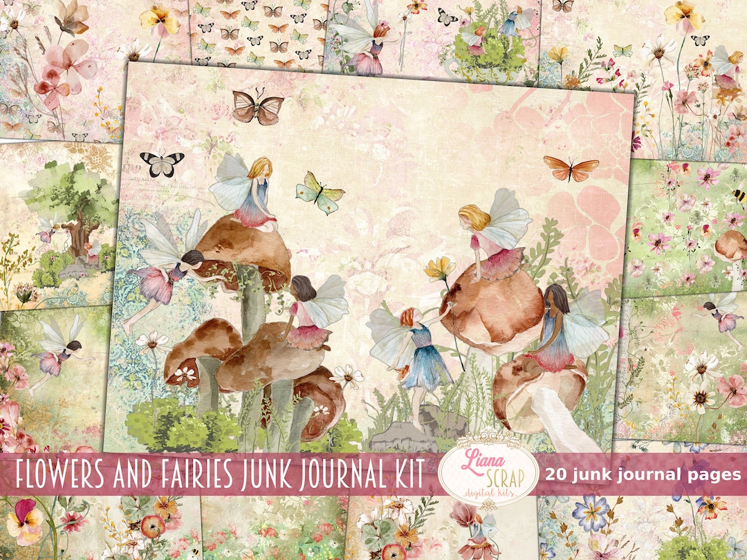 Fairy Junk Journal Kit, Floral Collage, Flowers, Mushrooms (digital ...
