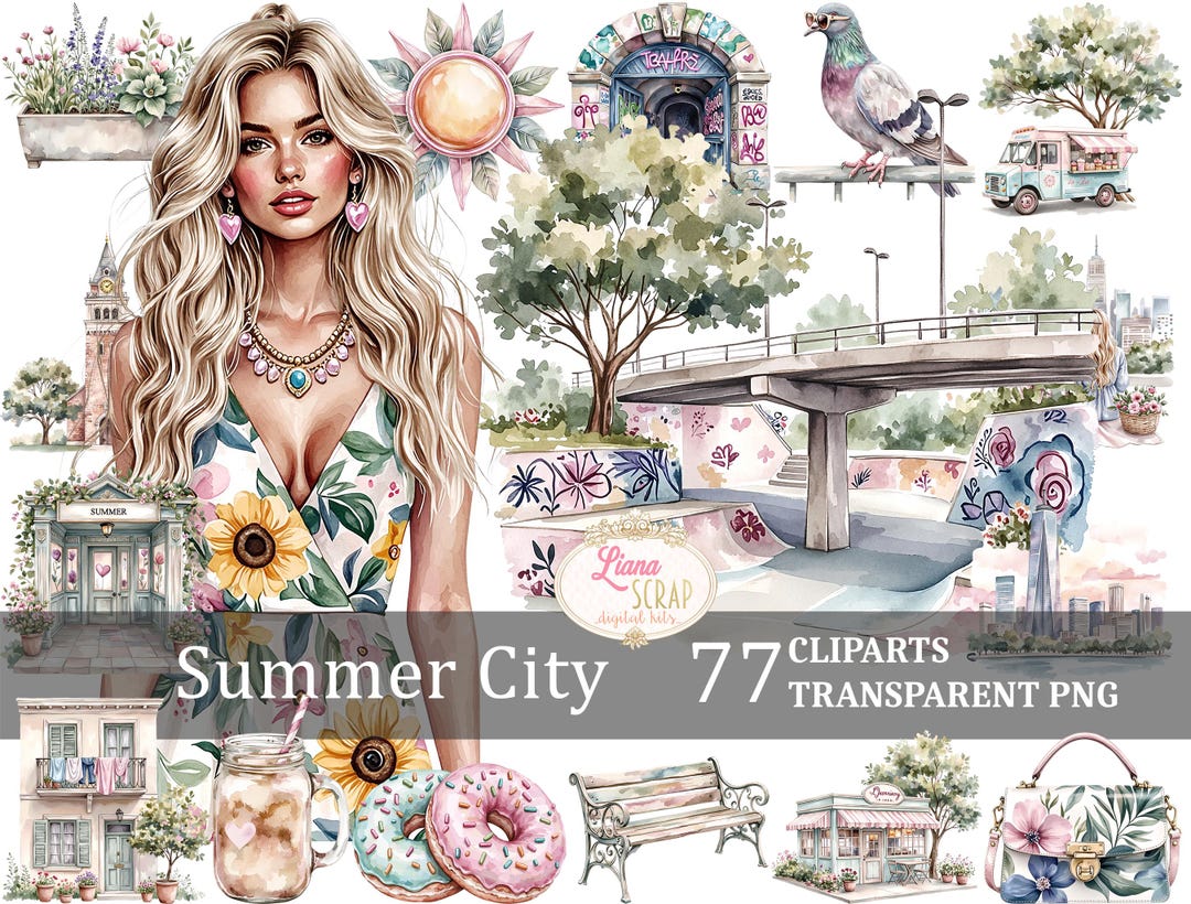Summer City 77 Digital Clipart Set Transparent PNG Summer Illustration ...