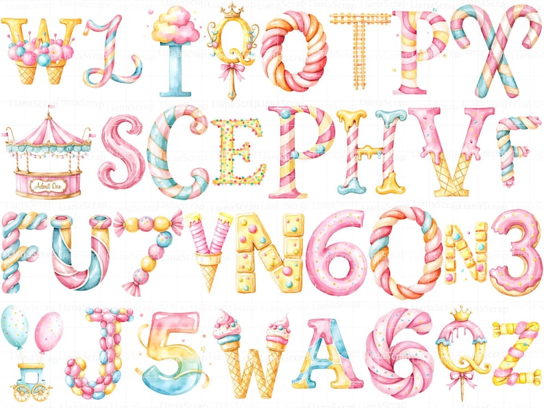 Candyland Alphabet 74 Watercolor Clipart Set - Sweet Treats, Digital ...