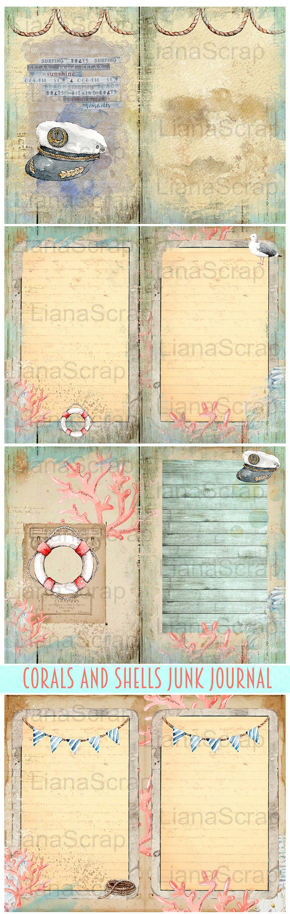 Coral and Shells Junk Journal Kit Sea Printables Nautical - Etsy