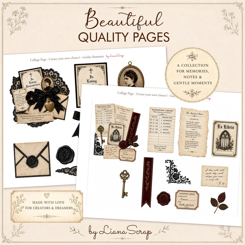 Printable Junk Journal Clusters, 12 Gothic Romance Ephemera Cluster ...