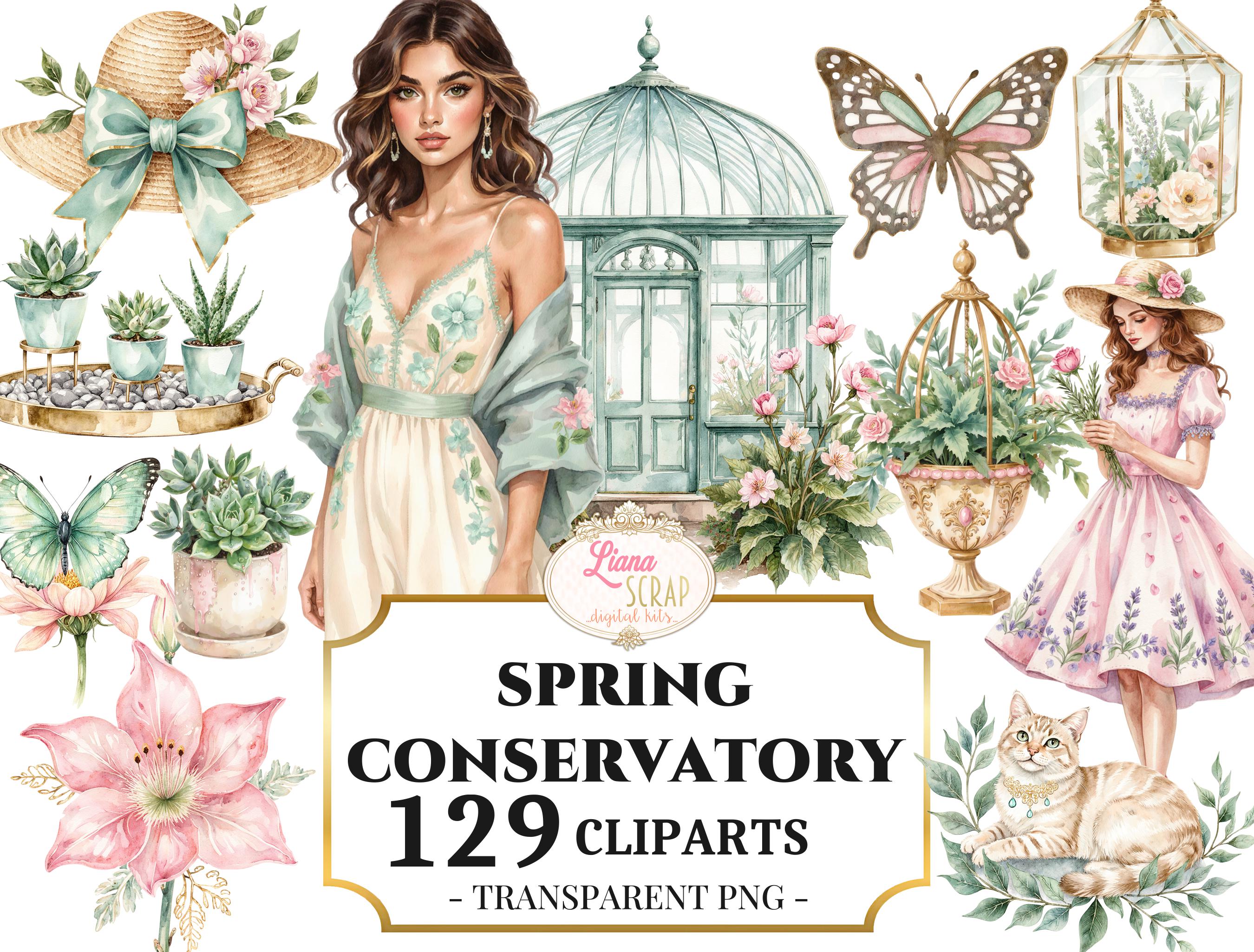 Spring Conservatory: 129 Watercolor Clipart Images, Floral Design ...