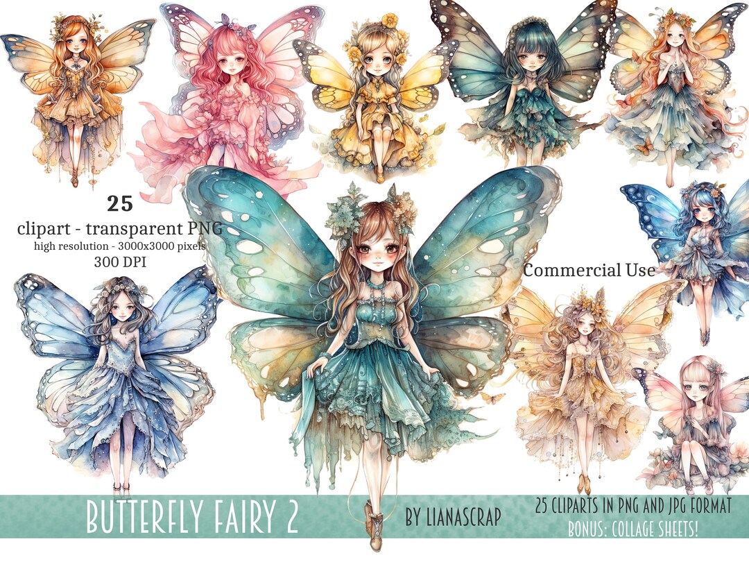 Butterfly Fairy Clipart PNG Set, 25 Fairy Clipart, Commercial Use Clip ...