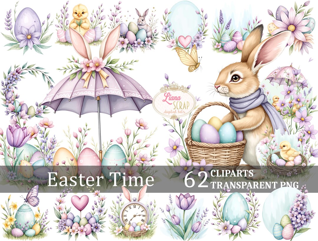 Easter Time Clipart Bunnies Eggs Floral Watercolor Spring Digital ...