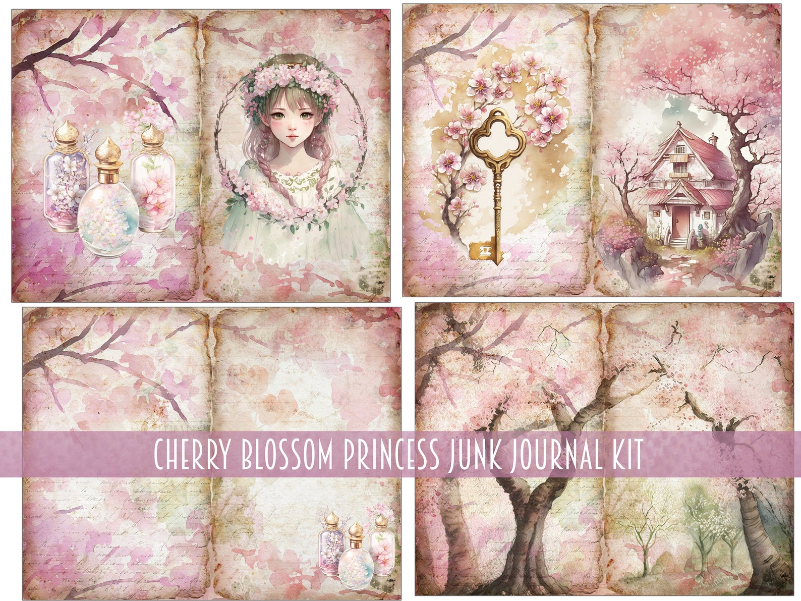 Cherry Blossom Princess Junk Journal Kit, Fantasy Collage (digital ...