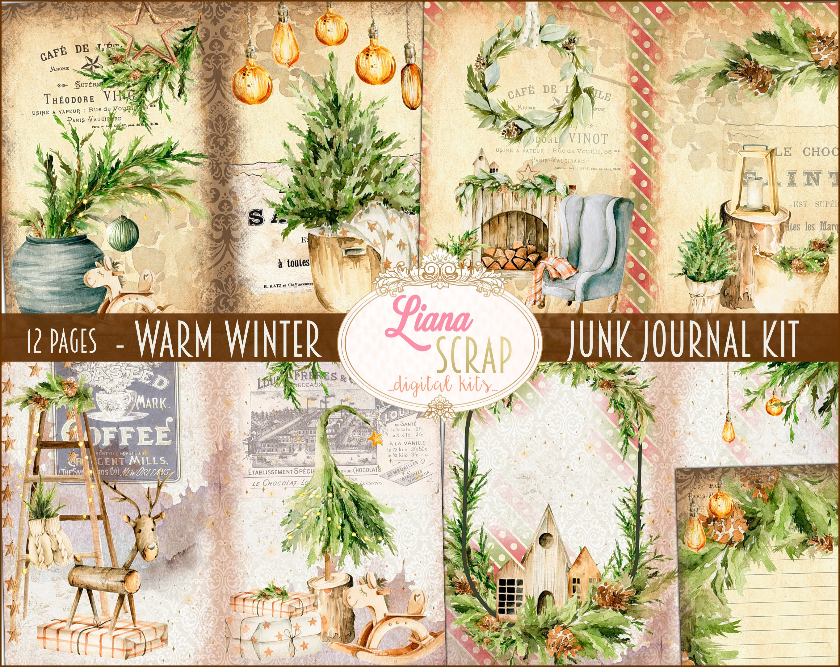 Warm Winter Junk Journal Kit, Christmas Collage Printables, Digital ...