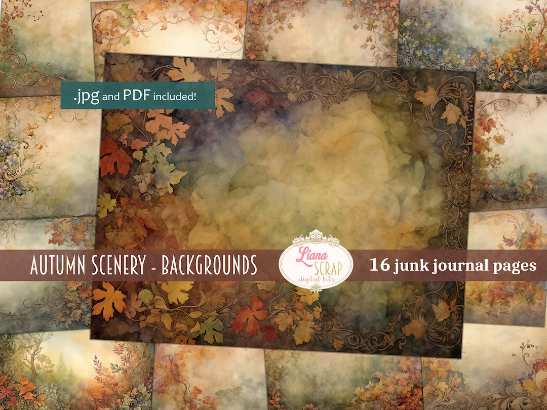 Autumn Scenery Digital Junk Journal Background, Autumn Leaves Collage ...
