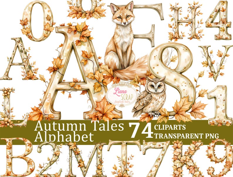 Autumn Tales Alphabet 74 Watercolor Clipart Set Fall Leaves Numbers ...