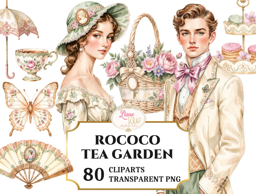 Rococo Tea Garden - 80 Clipart Images, Vintage Floral Design, Digital ...