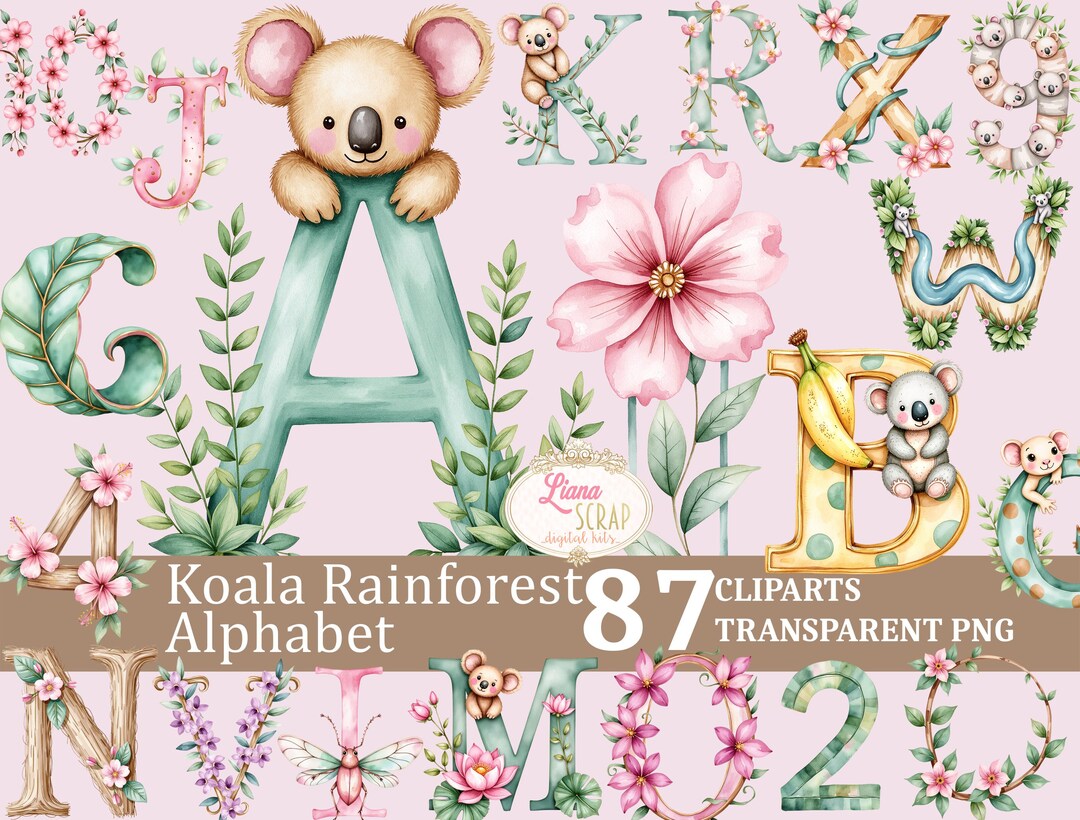 Watercolor Koala Alphabet Clipart – Rainforest Floral PNG (87 Images ...